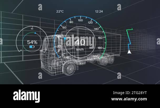 Animation of speedometer over electric truck project on navy background ...