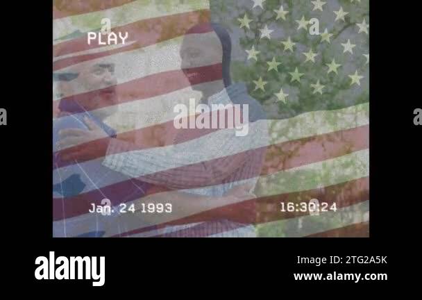Animation of interference over flag of usa and diverse man with his ...