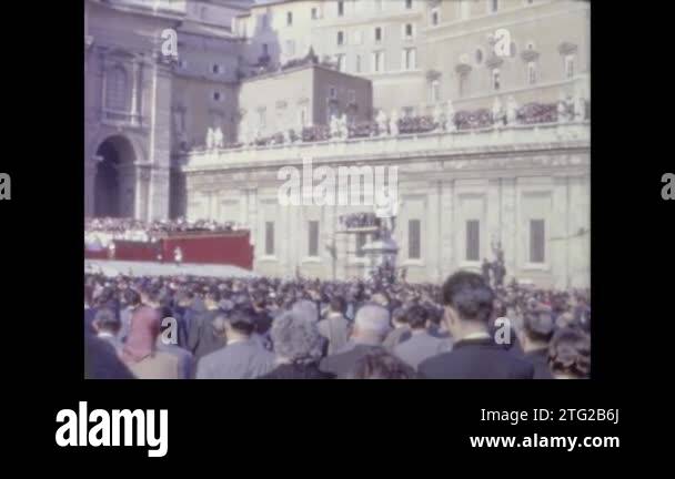 Rome, Italy June 1964: Vatican with pope in square and crowd in 60s ...