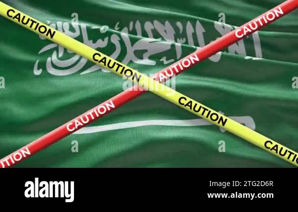 Saudi Arabia national flag with caution tape animation. Social issue in ...