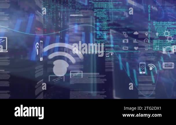 Animation of graph over media icons and processing data on interface ...