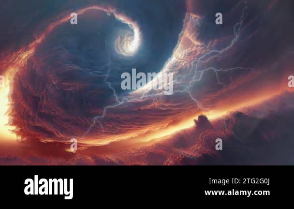 A fire hurricane ravages the cloudscape in the sky. A visual ...