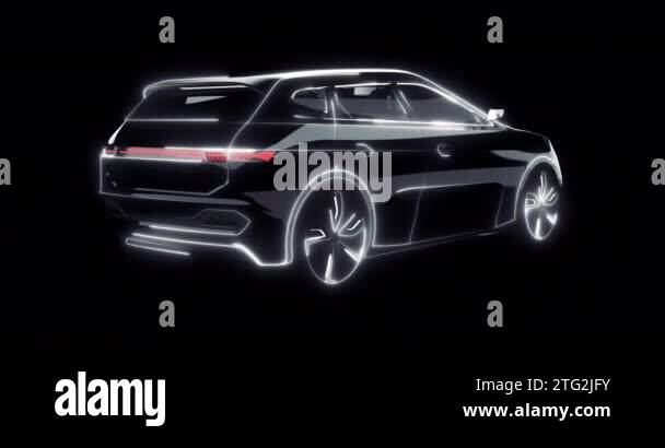 Lighted concept of modern black SUV car exhibited in a dark showroom ...