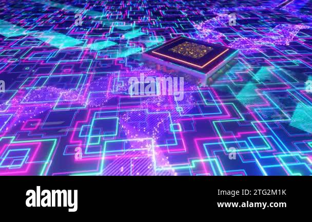 Modern AI processor at work on motherboard, data flow, particles and ...