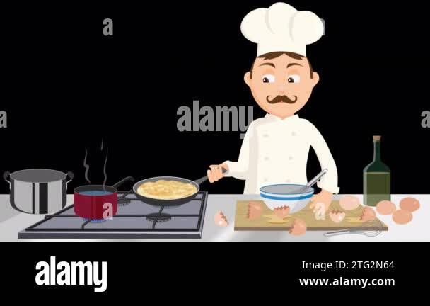 This 2d cartoon animation shows a nice chef peparing an omelette Stock ...