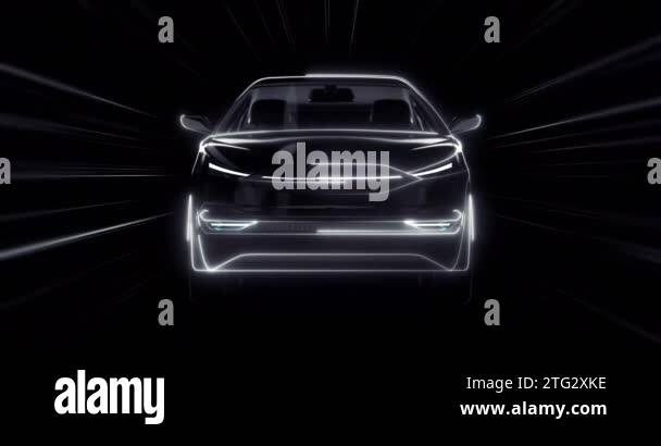 Lighted concept of modern black SUV car from the front. White line ...