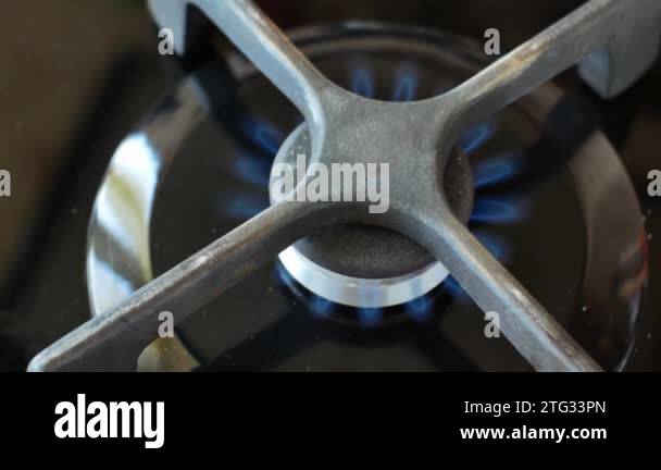 Close-up of a burning gas burner of a home gas stove. The blue flame of ...