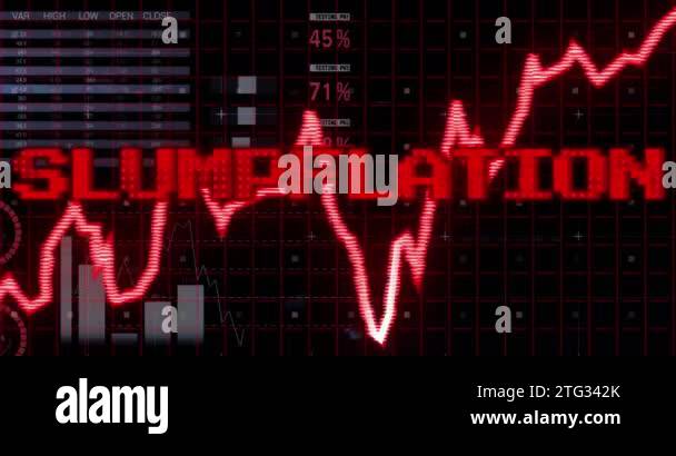 Animation of slumpflation text in red over graph, world map and charts processing data. Global ...