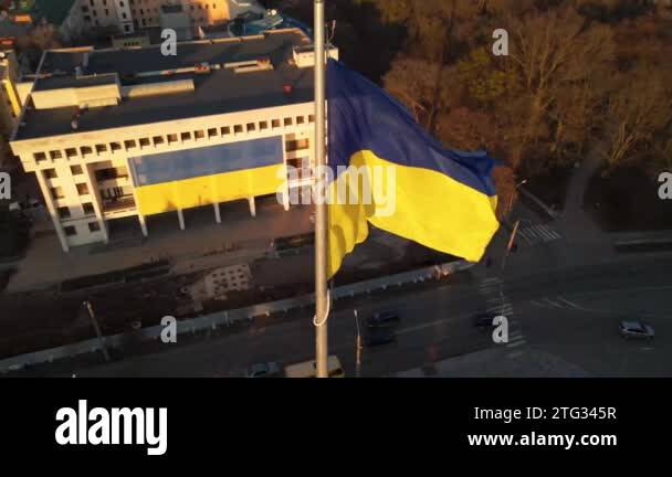 Highly detailed fabric texture flag of Ukraine. Slow motion of Ukraine ...