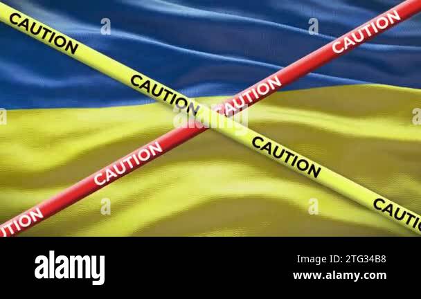 Ukraine national flag with caution tape animation. Social issue in ...