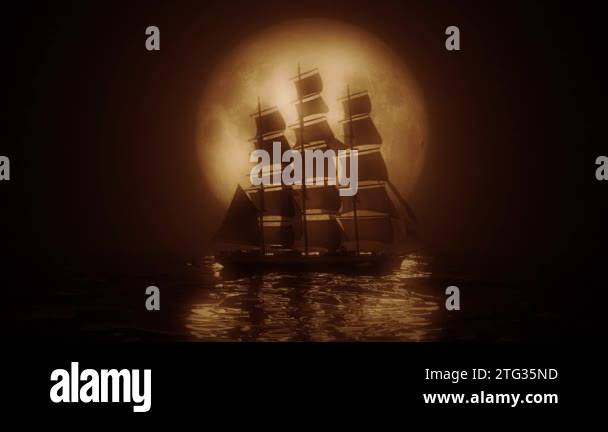 Highly stylized view of a Tall Ship illuminated by a full moon. 4K UHD ...