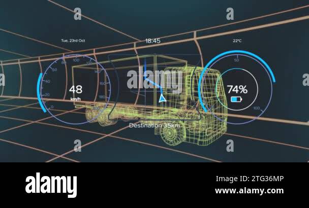 Animation of speedometer over electric truck project on navy background ...