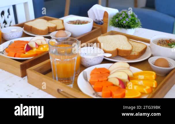 Simple breakfast in hotel. Usual breakfast in simple restaurant. Tray ...