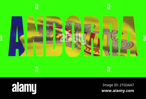 Andorra country lettering word text with flag waving animation on green screen 4K. Chroma key ...