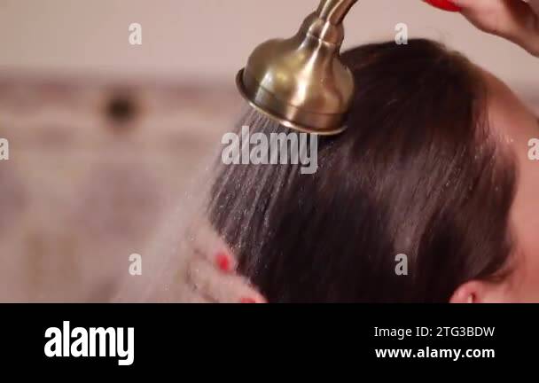 Back View Of Young Brunette Woman Taking Shower In Bathroom Washing