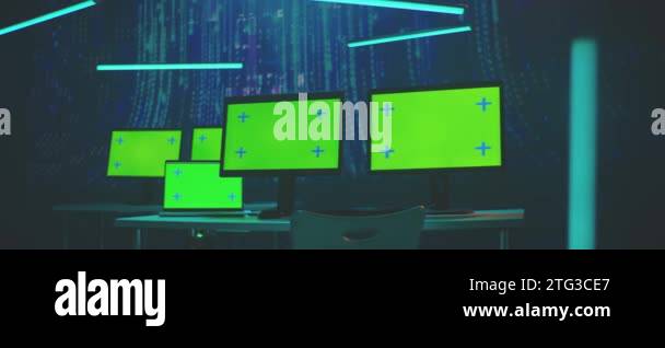 Workstation 5 monitors,hacker's workplace green screen, chromakey Stock ...