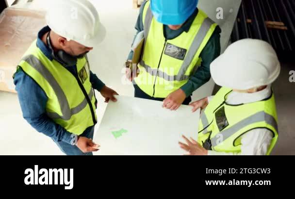 Engineer, blueprint and building project team with architect, builder ...