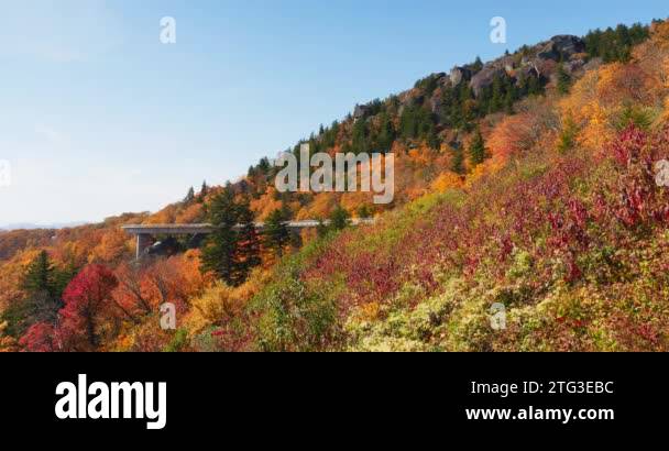 Colorful Fall Autumn mountain trees with with cars driving on Blue ...