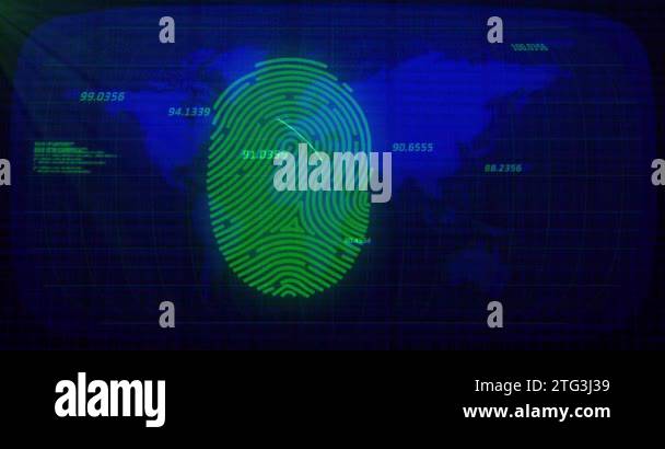 Data Processing Over Biometric Fingerprint Scanner Against World Map On