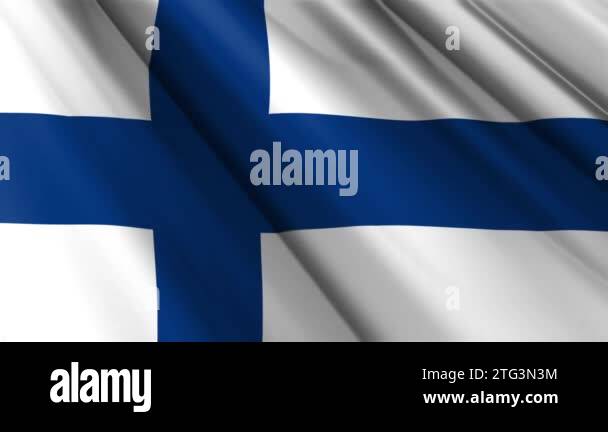 Close up realistic texture textile silk satin flag of Finland waving ...