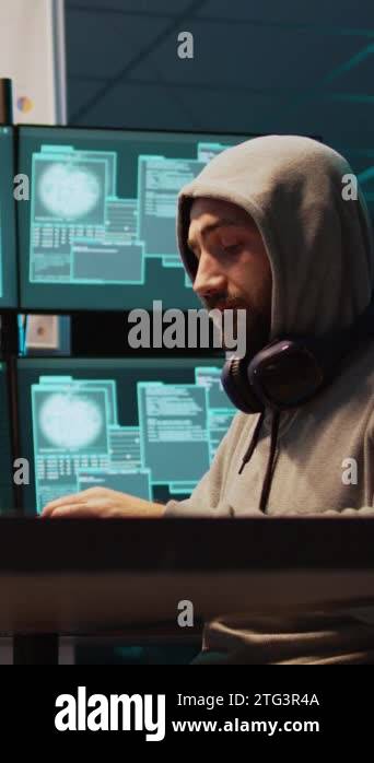 Vertical Video It Criminal Hacking System At Night Using Virus To Produce Computer Malware And