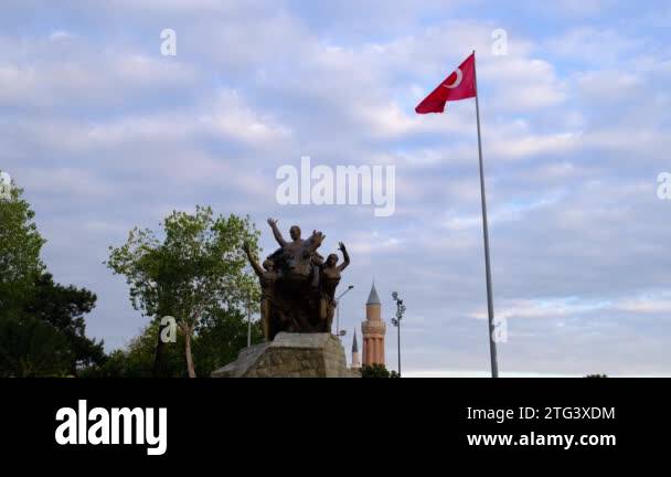 Anatalya, Turkey. 19 December 2021: Turkish flag waving in blue sky ...