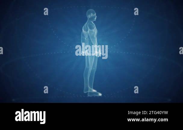 Lone 3D digital holographic human man rotating in abstract blue ...