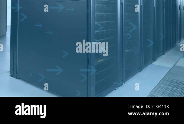 This video shows an empty corridor with rows of computer servers. The ...