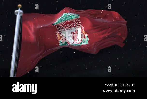 Flag of Liverpool Football Club Waving with rain and snow in the night ...