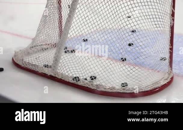 Empty gate and pucks on ice rink after intense hockey training at ...