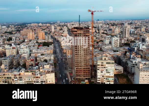 Bat-Yam, Israel, January 7, 2022, Aerial view of the construction of a ...