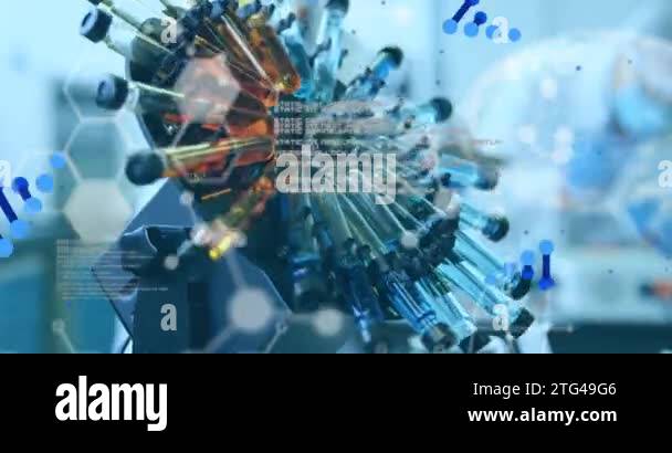 Multiple dna structures spinning against multiple test tubes in ...