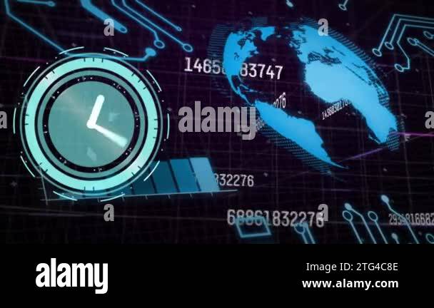Animation of digital clock, number, graph, globe and circuit pattern ...