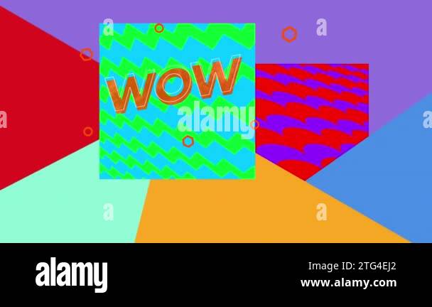 Animation of wow text in orange over wavy lines in square on divided ...