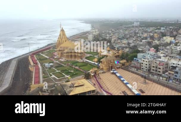 Aerial shot over beautiful Somnath Mahadev Temple which is the oldest ...