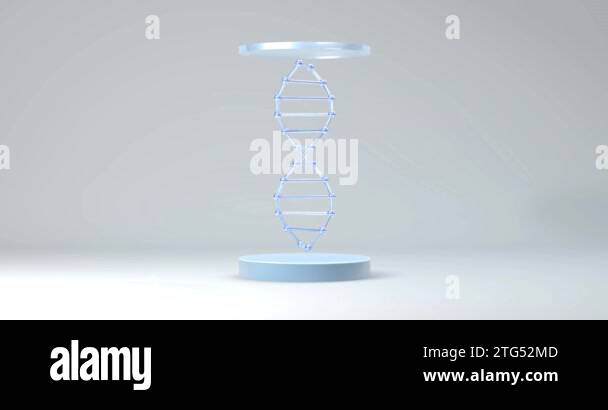 A blue DNA molecule spins around its axis in a flask on the podium.3d ...