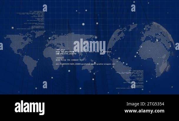 Animation of data processing with spinning globe and world map over ...