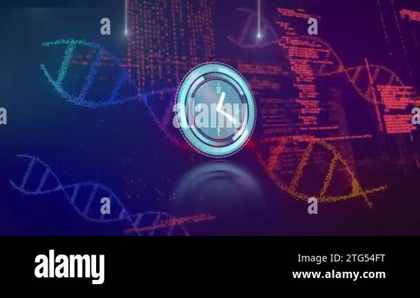 Animation Of Neon Ticking Clock Over Dna Structures And Data Processing On Purple Background