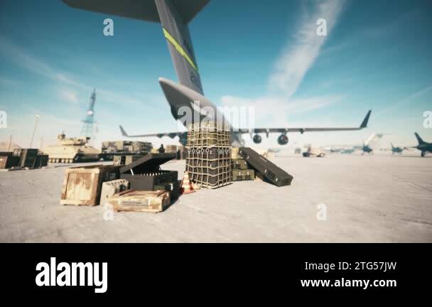 Military Lend lease. Sending military aid. Loading military aircraft ...