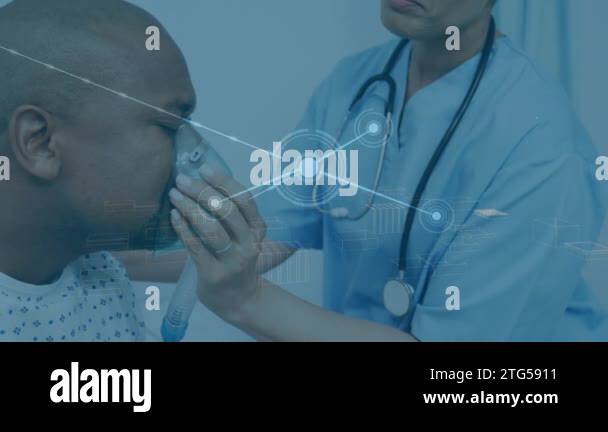 Animation of dots connected with lines over female caucasian doctor ...