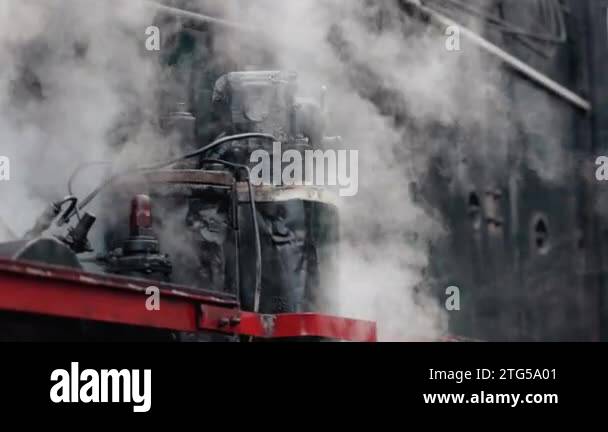 Vintage steam train locomotive. Pair locomotive train leaking smoke ...