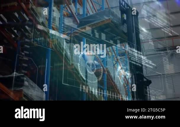 Animation of data processing over machines and storage shelves in ...