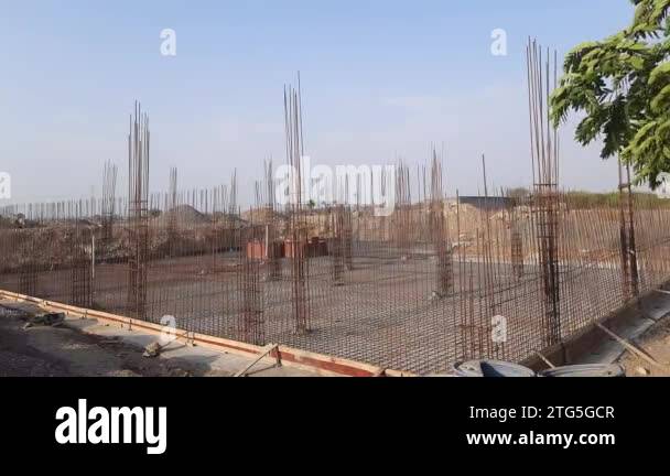 Construction works fabricating steel reinforcement bars at the ...