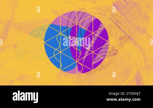 Animation of blue and violet shapes in circle over yellow and purple ...
