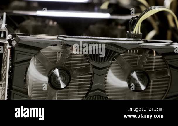 Close up details of modern mining rig with gpu, graphics cards used for ...
