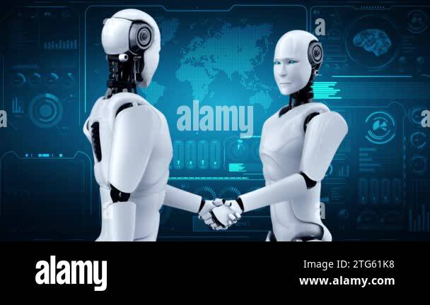 3D rendering hominoid robot handshake to collaborate future technology development by AI ...