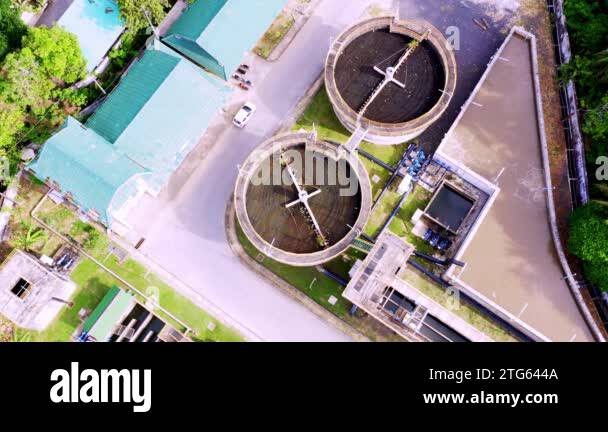 Aerial drone top down view clarifier sedimentation tank. Aerial view ...
