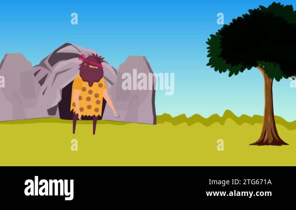 Caveman drawing on a stonewall flat character animation. Prehistoric ...
