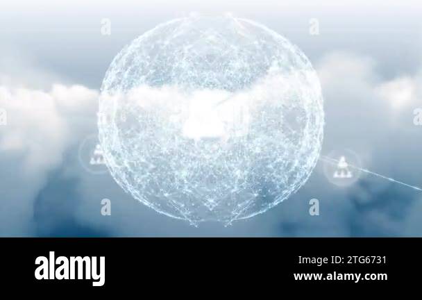 Animation Of Connected Profile Icons Dots Forming Globe And Abstract Pattern Over Cloudscape