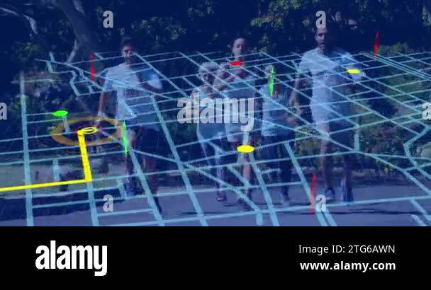 Navigator pin over navigation map line scheme against group of diverse ...